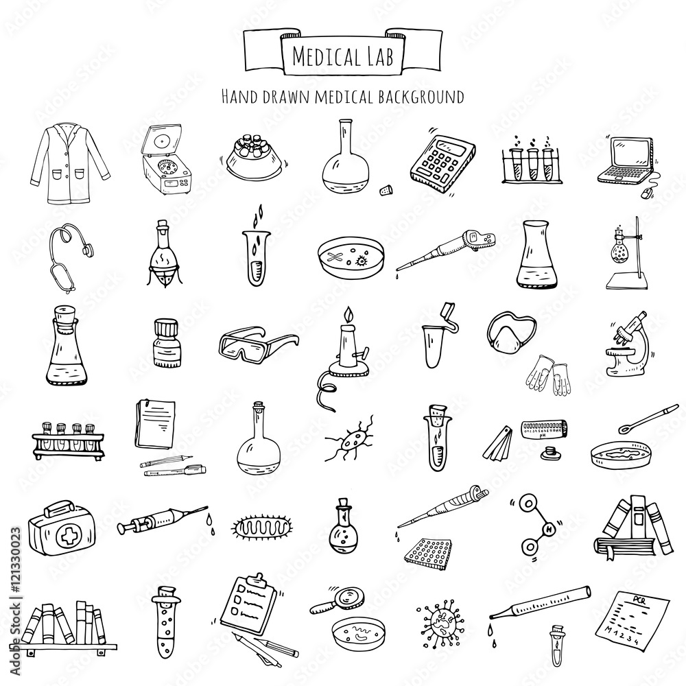 Hand drawn doodle Medical laboratory icons set. Vector illustration ...
