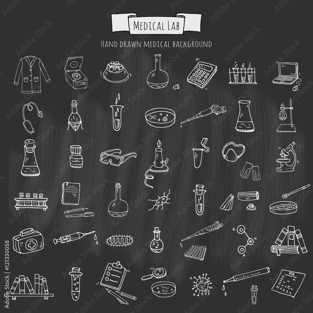 Hand drawn doodle Medical laboratory icons set. Vector illustration ...