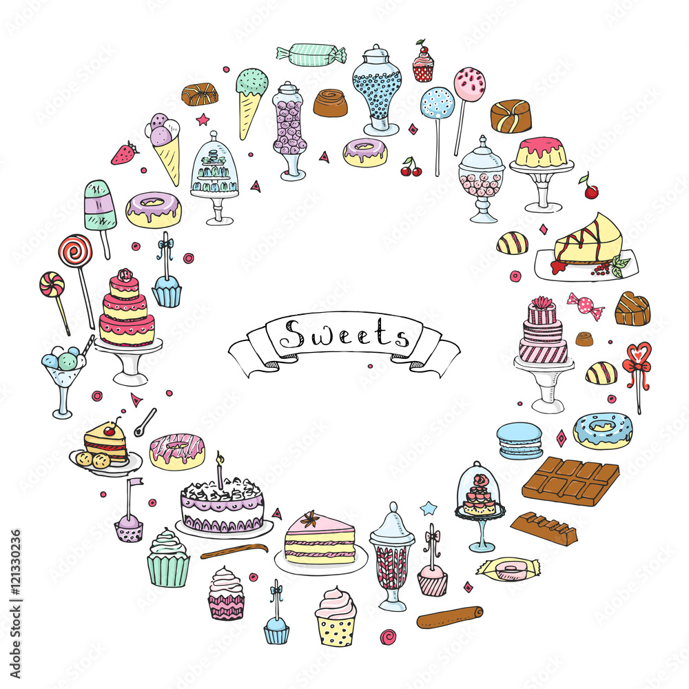 Hand drawn doodle Sweets set. Vector illustration. Sketchy Sweet food ...