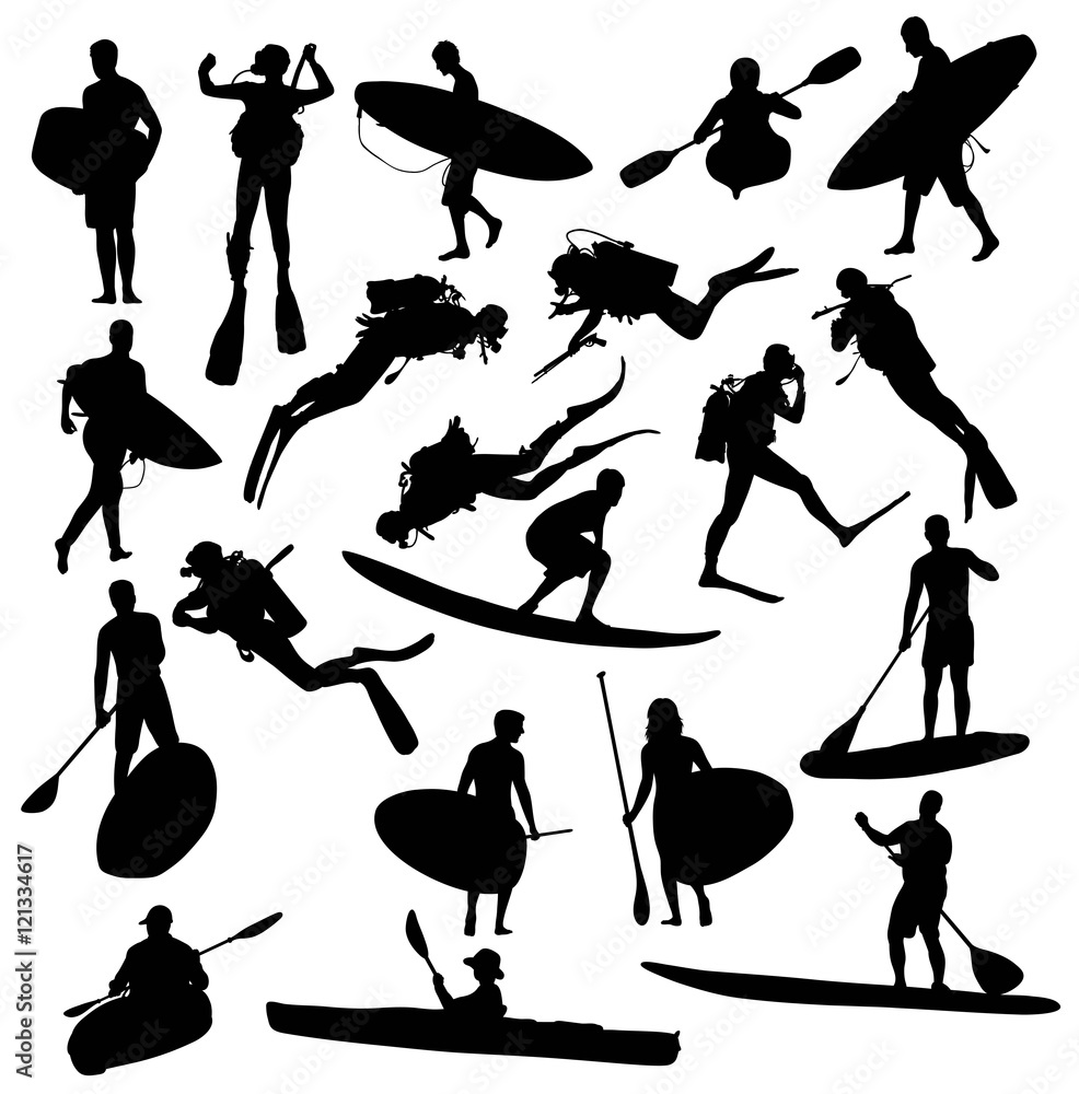 Silhouette Hobby and Sports Activities Canoe Surfing and Scuba Diving ...