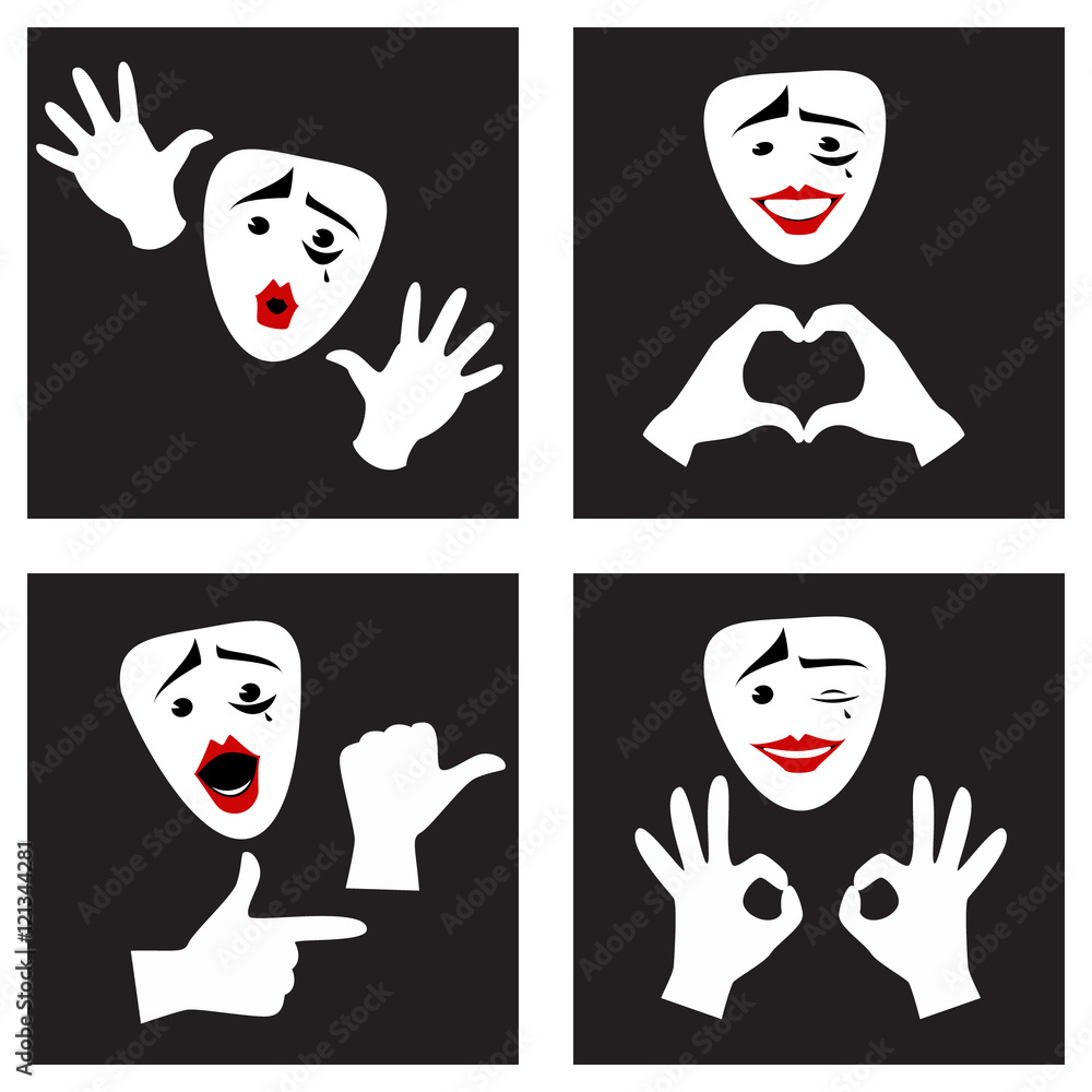 Facial expressions and gestures . Mime mask and gloves . Set. Ve Stock ...