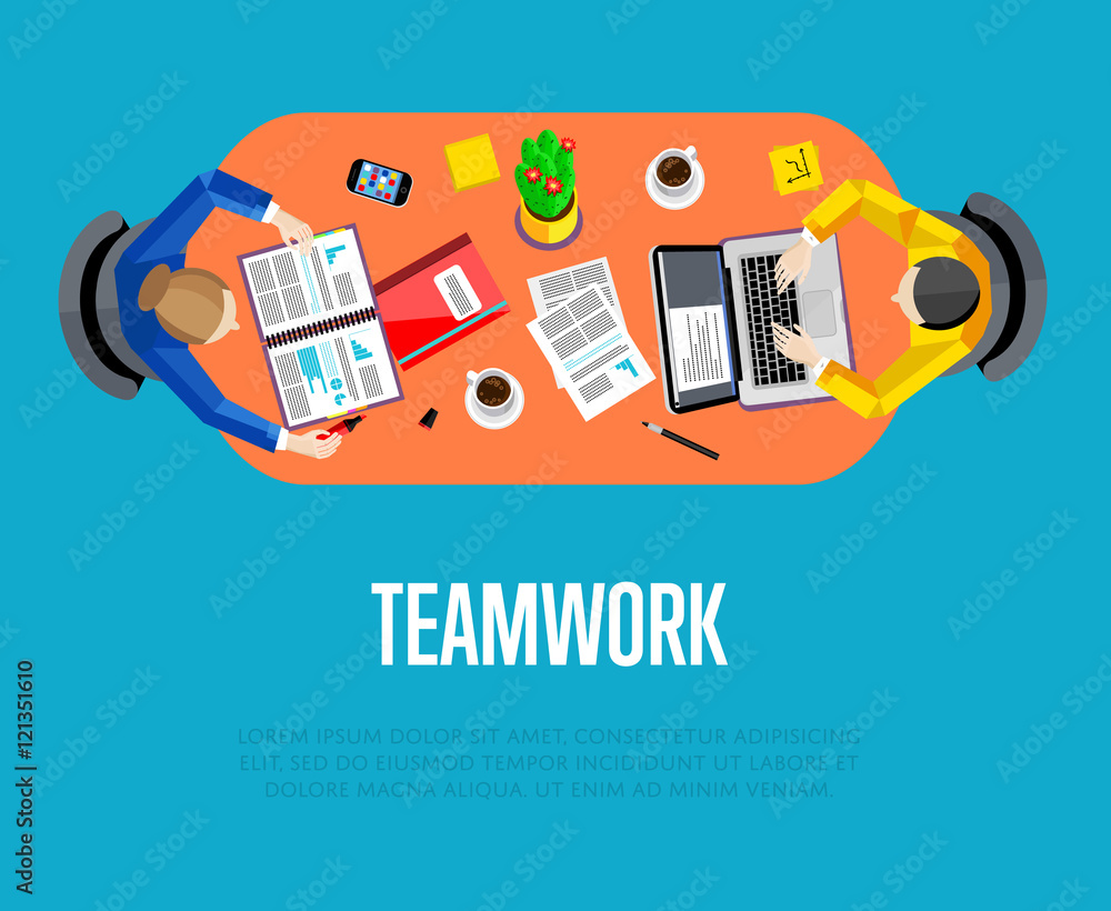 Teamwork concept. Top view workspace background, vector illustration ...