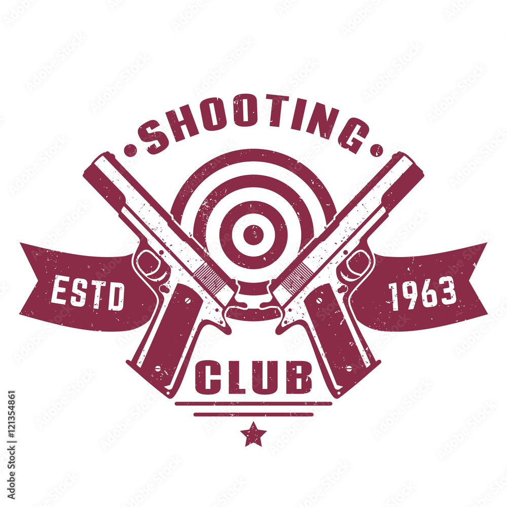 Shooting club logo, vintage emblem, badge with two pistols, dark red on ...