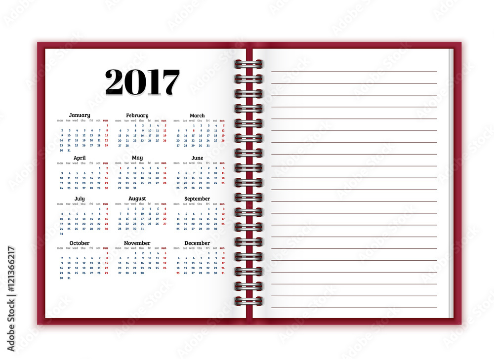Notebook paper with calendar for 2017 year vector background Stock ...