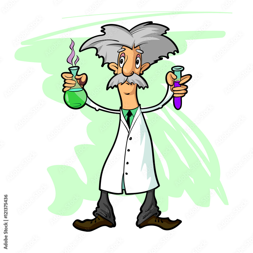 Cartoon scientist wearing a white coat with flasks Stock Vector | Adobe ...