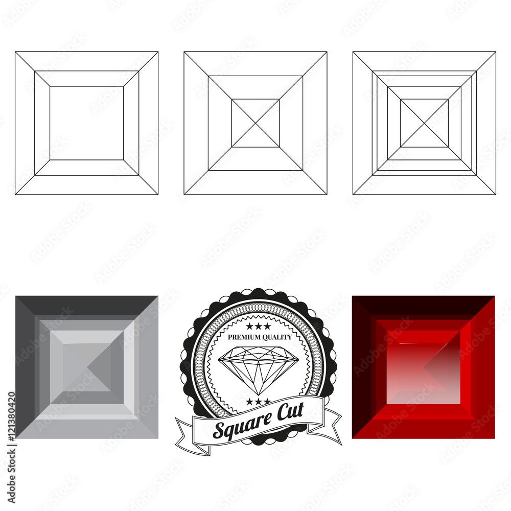 Set of square cut jewel views isolated on white background - top view ...