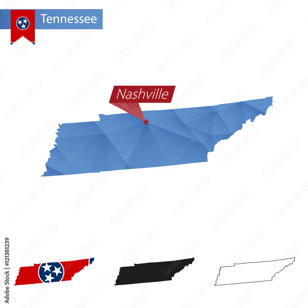 State of Tennessee blue Low Poly map with capital Nashville. Stock ...