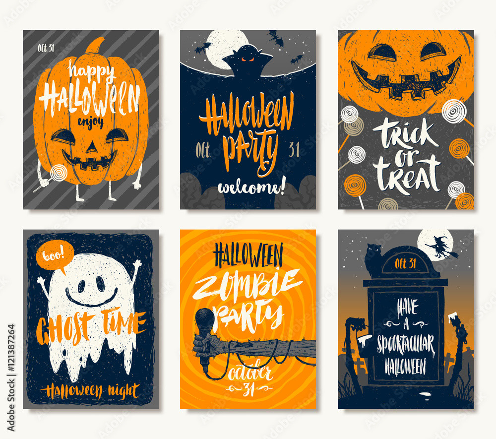 Vector set of Halloween holidays hand drawn invitation or greeting card ...