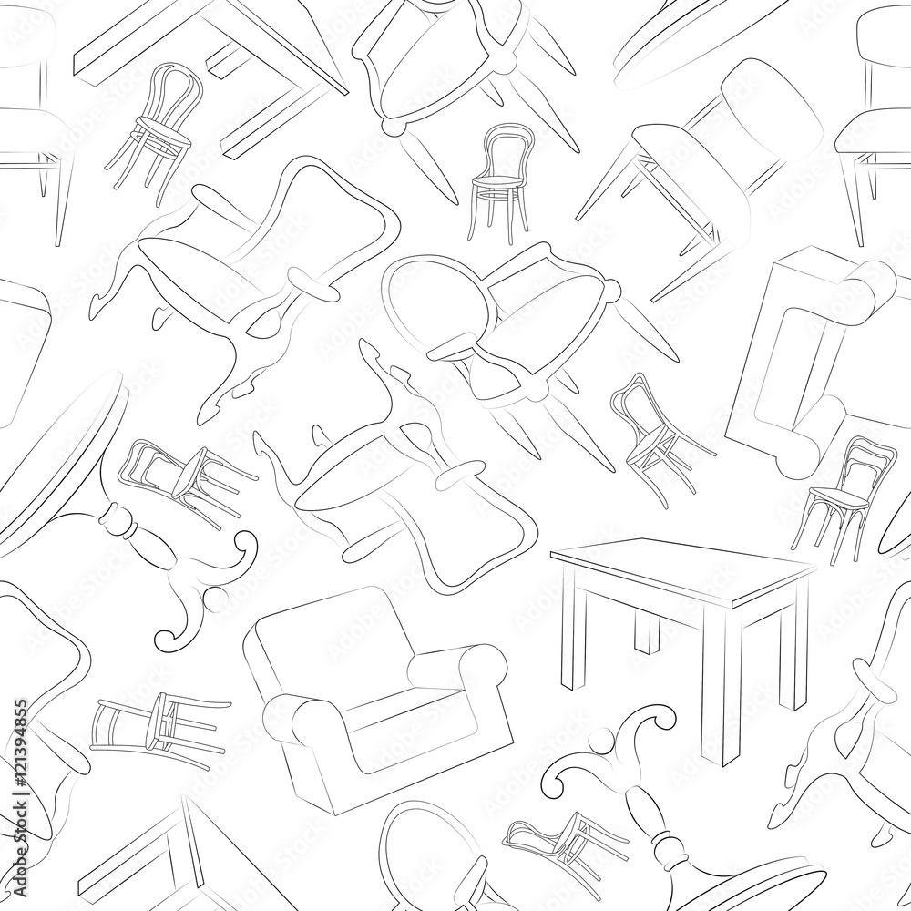 Seamless pattern with furniture. Linear furniture in black on a white ...
