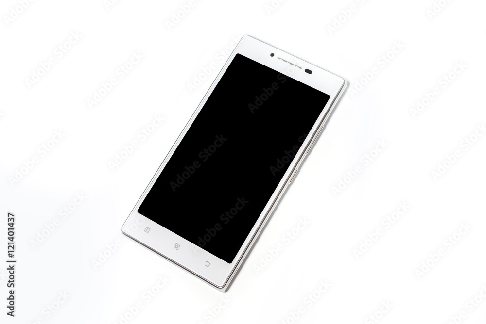 Front view of a rotated at a slight angle white modern mobile smart ...