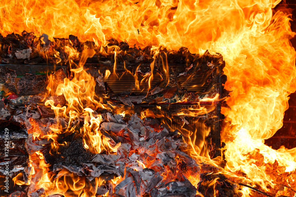 Chinese ceremony burn gold paper and useful things to ancestor. Stock ...