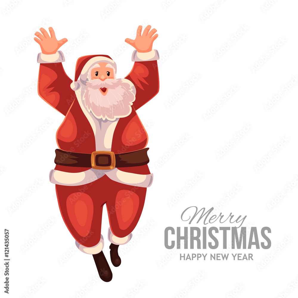 Cartoon style Santa Claus jumping in delight, Christmas vector greeting ...
