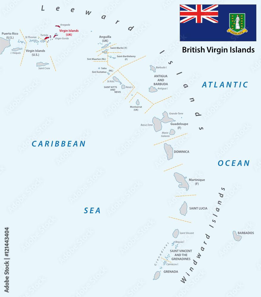 lesser antilles outline map british virgin islands with flag Stock ...