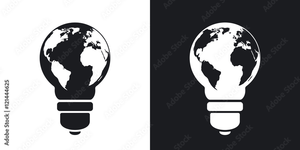 Vector light bulb icon with world map. Two-tone version on black and ...