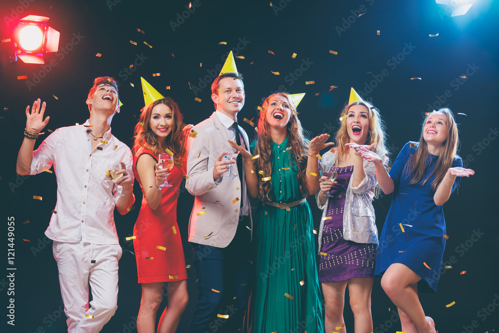 Party and celebration. Group of six happy smiling friends having fun ...