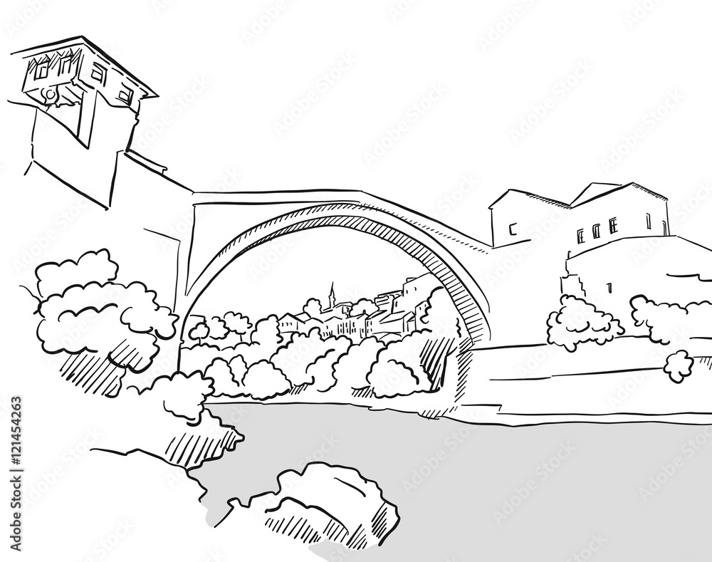 Mostar Bridge Bosnia Herzegovina Greeting Card Sketch Stock Vector ...