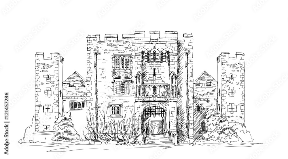 Hever castle, 13th century castle with Tudor manor house, UK. Sketch ...