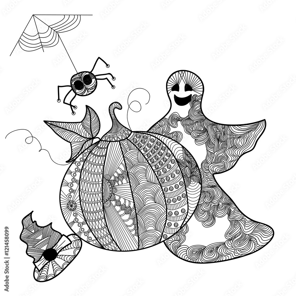 Halloween abstract background. Pumpkin, ghost, spider, hat. Freehand ...