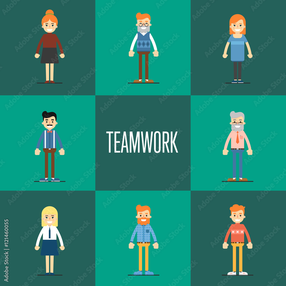 Smiling young cartoon people characters stand on green background ...