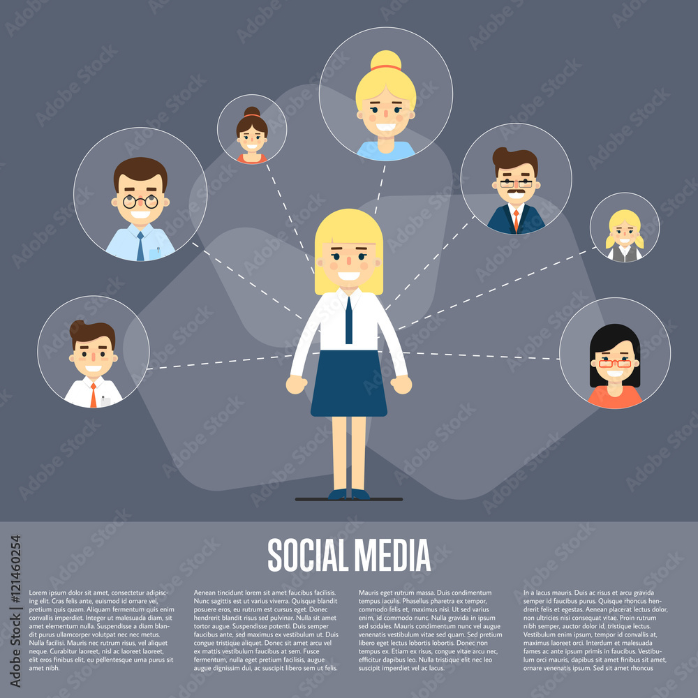 Smiling cartoon girl with own successful social network. Social media ...