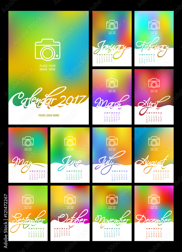 Desk Calendar for 2017 Year with lettering. Set of 12 colorful months ...