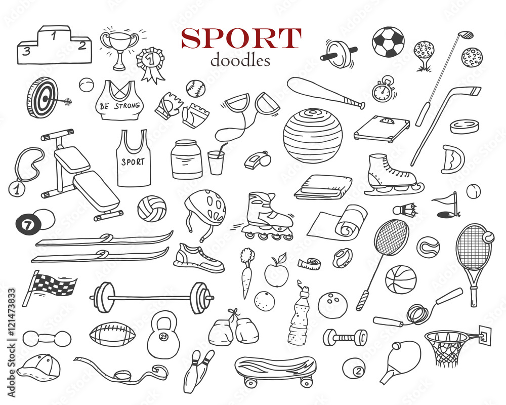 Hand-drawn doodles of the sport objects: football, basketball, golf ...
