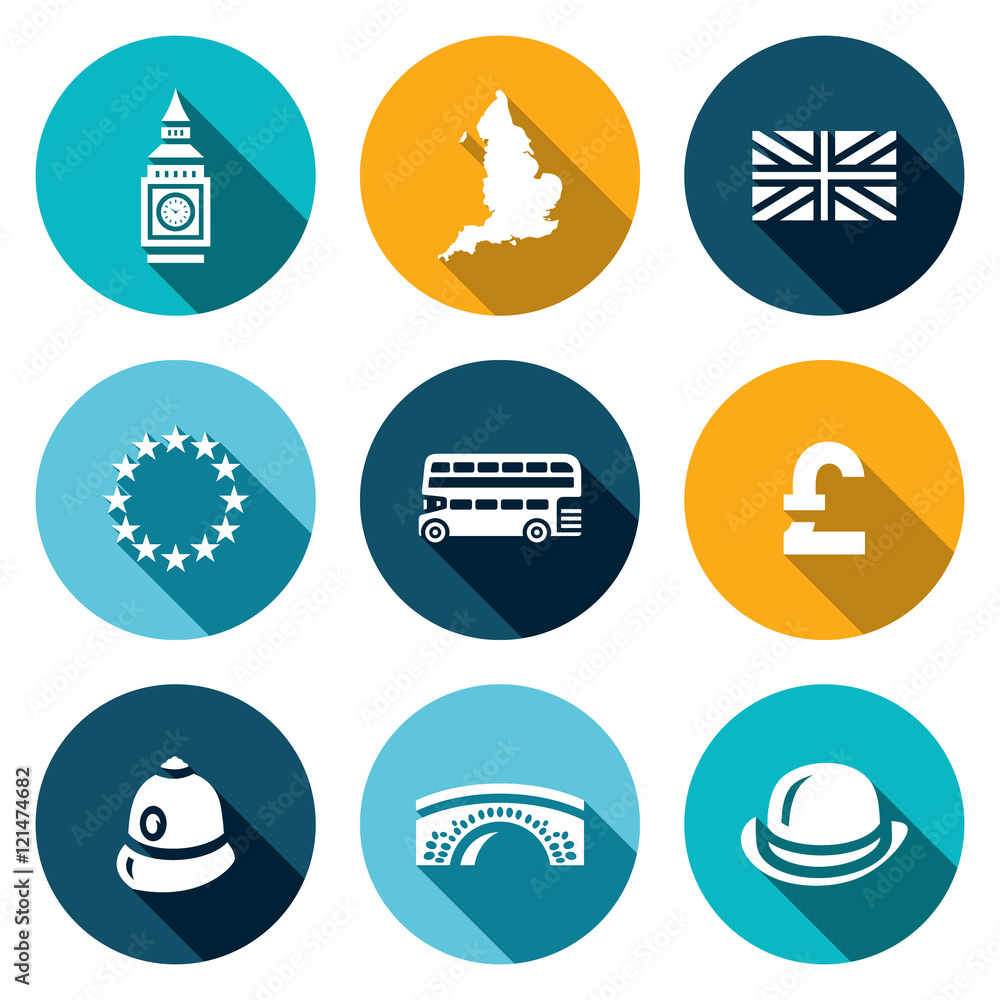 Vector Set of United Kingdom Icons. Tower, clock, territory, flag ...