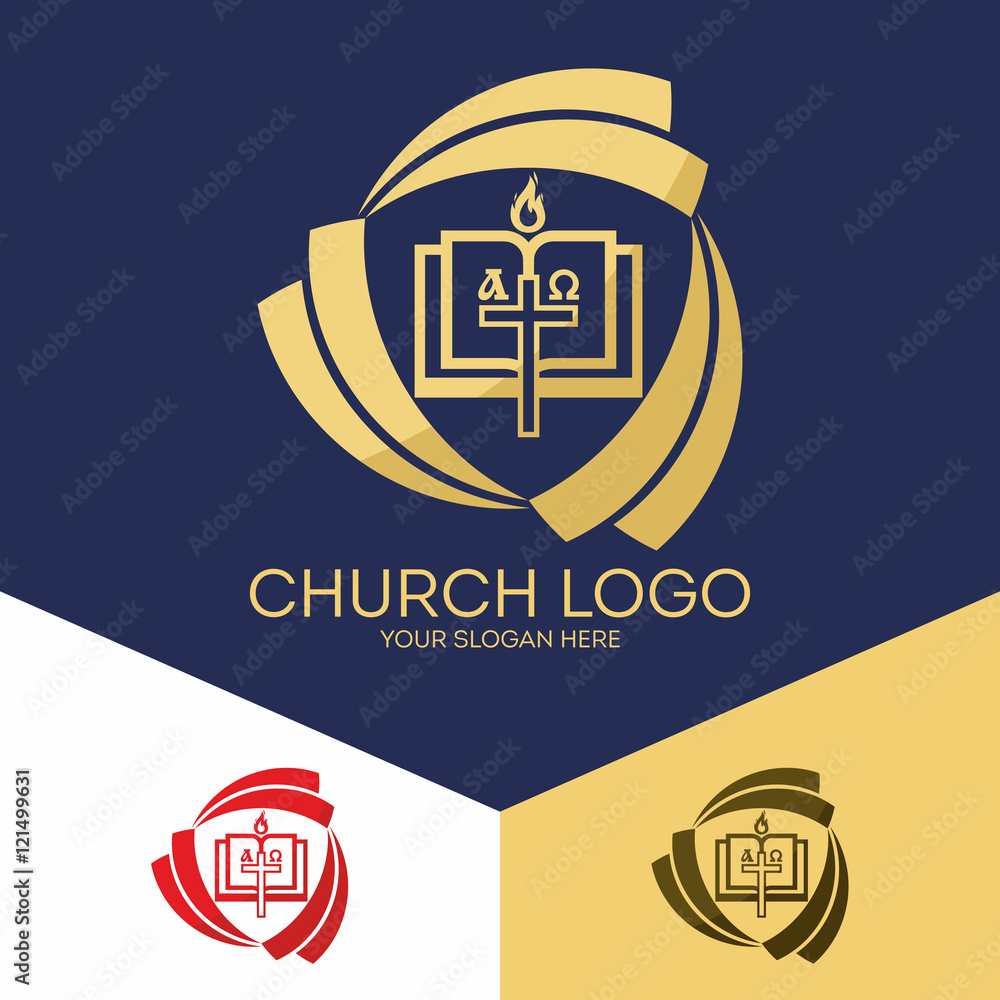 Church logo. Christian symbols. The Bible, the cross of Jesus, the ...