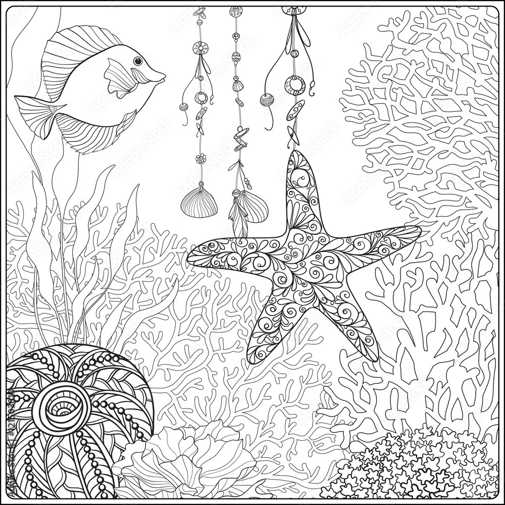 Coral reef collection. Anti stress coloring book for adult and. Outline ...