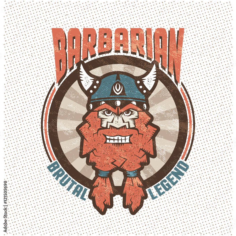 Logo with a head of bearded barbarian in a horned helmet. Viking mascot ...