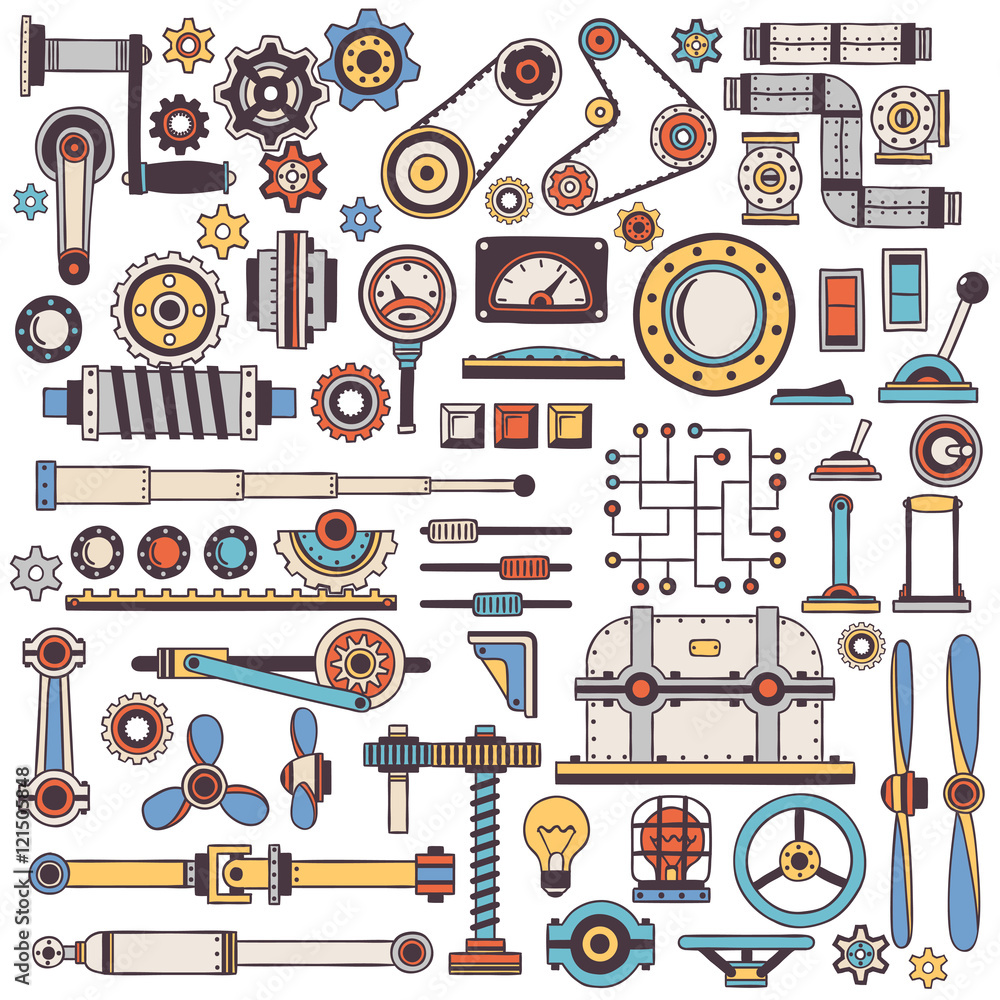 doodle parts of machinery and mechanisms in color. Handmade. Create a ...