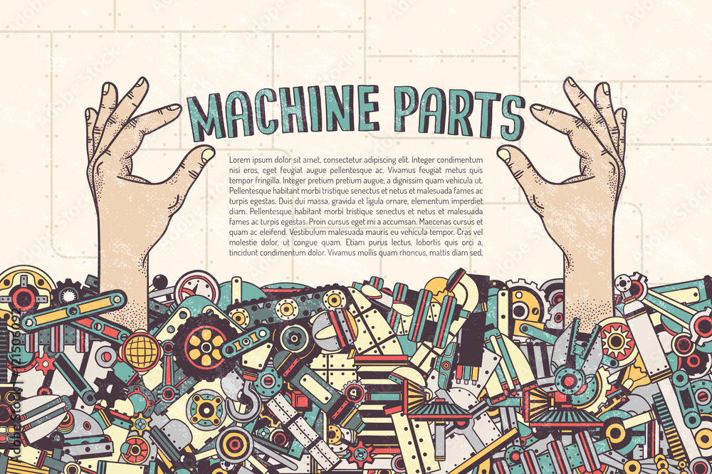 Poster Template - hand sticking out from a pile of machine parts hold ...