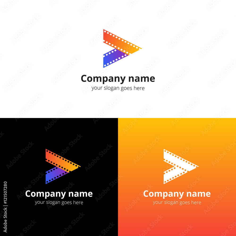 Play music sound button and video movie film strips flat logo icon ...