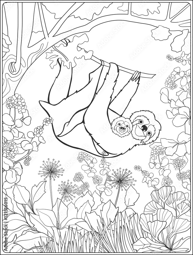 Coloring page with lovely sloth in forest. Stock Vector | Adobe Stock