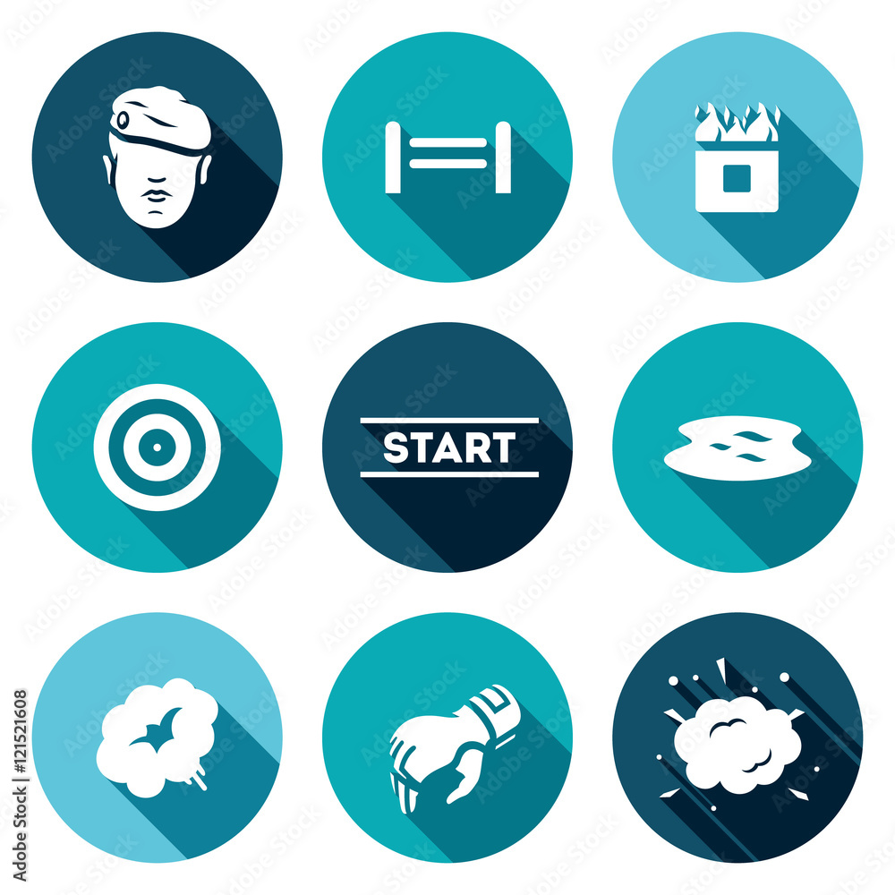 Vector Set of Military Training Camp Icons. Soldier, Obstacle, burning ...