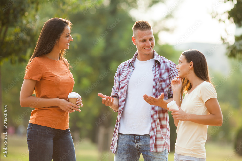 Three friends are standing in park and talking. Stock Photo | Adobe Stock