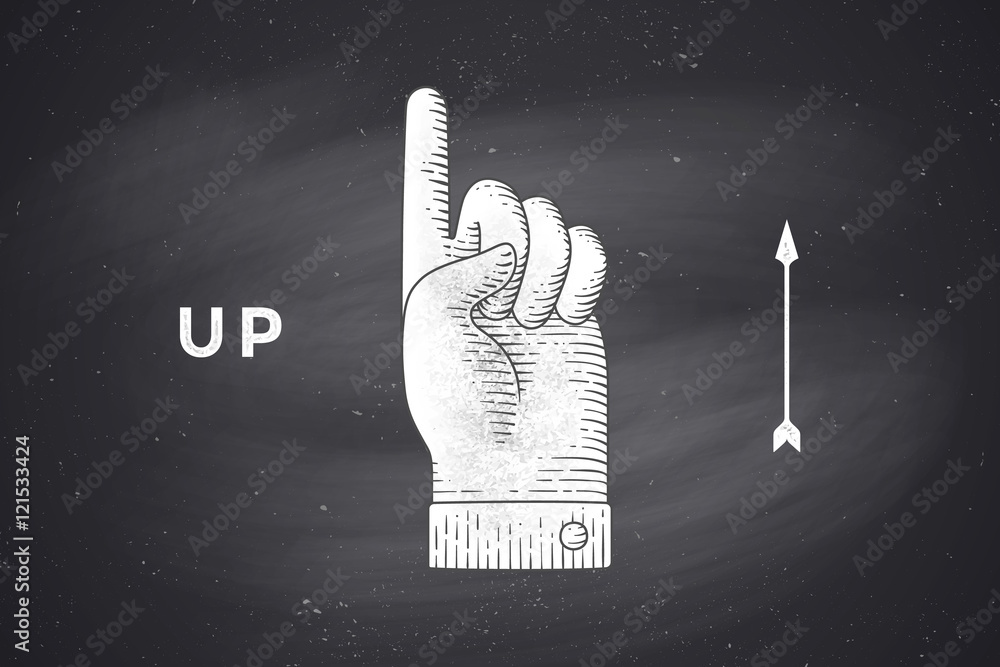 Vintage drawing of hand sign upstairs or hand pointing up in engraving ...