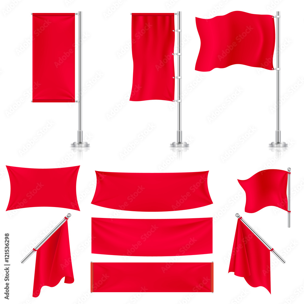 Realistic red advertising fabric textile banners and flags vector set ...