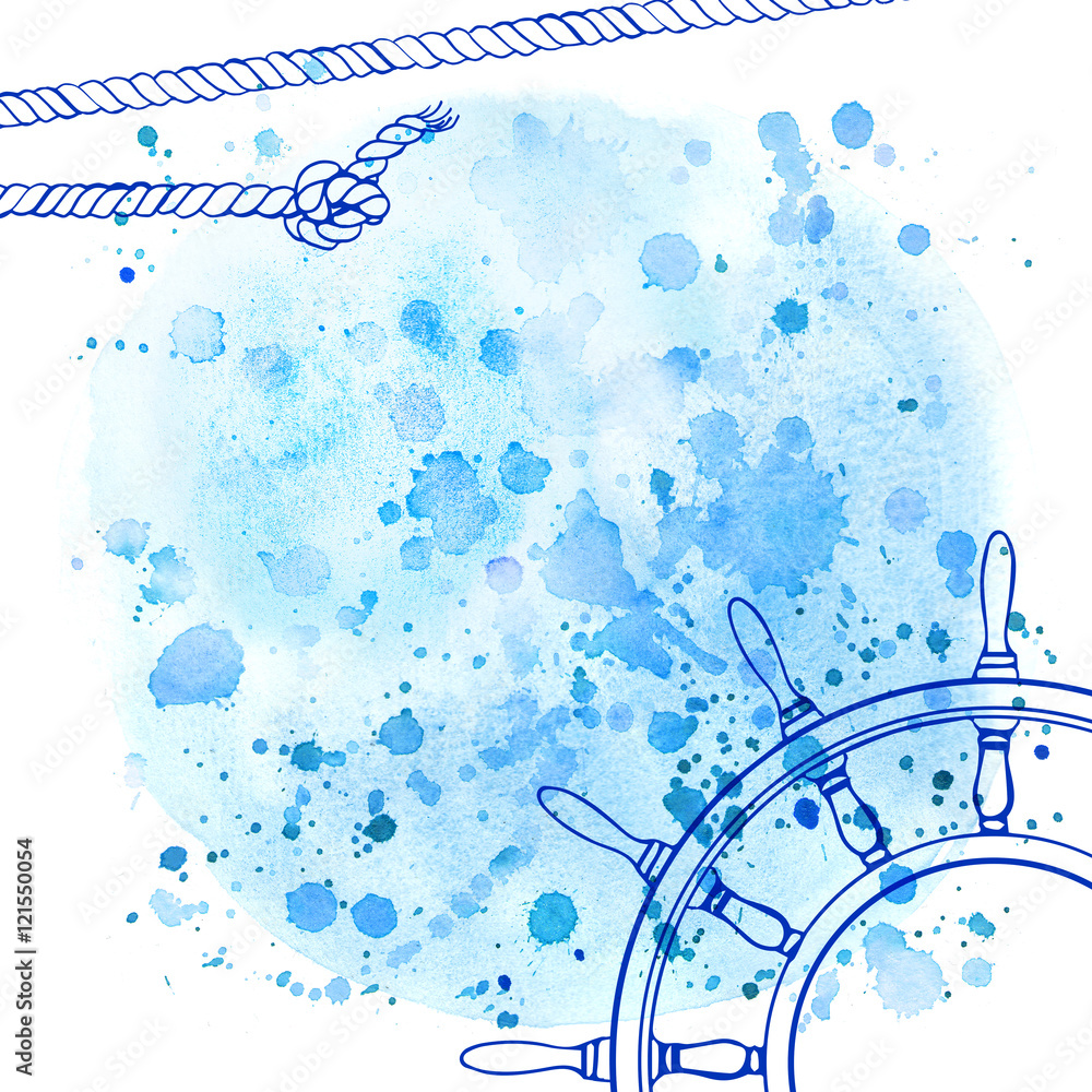 Watercolor abstract background in marine style. Drawing the line on the ...