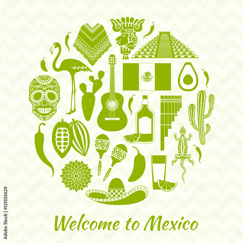 Mexican icons silhouettes. Set of traditional Mexican symbols. Vector ...