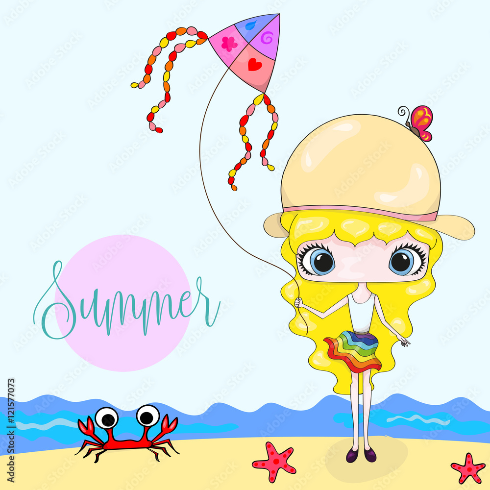 Cute little girl with flying kit, summer vacation at the sea, cartoon ...