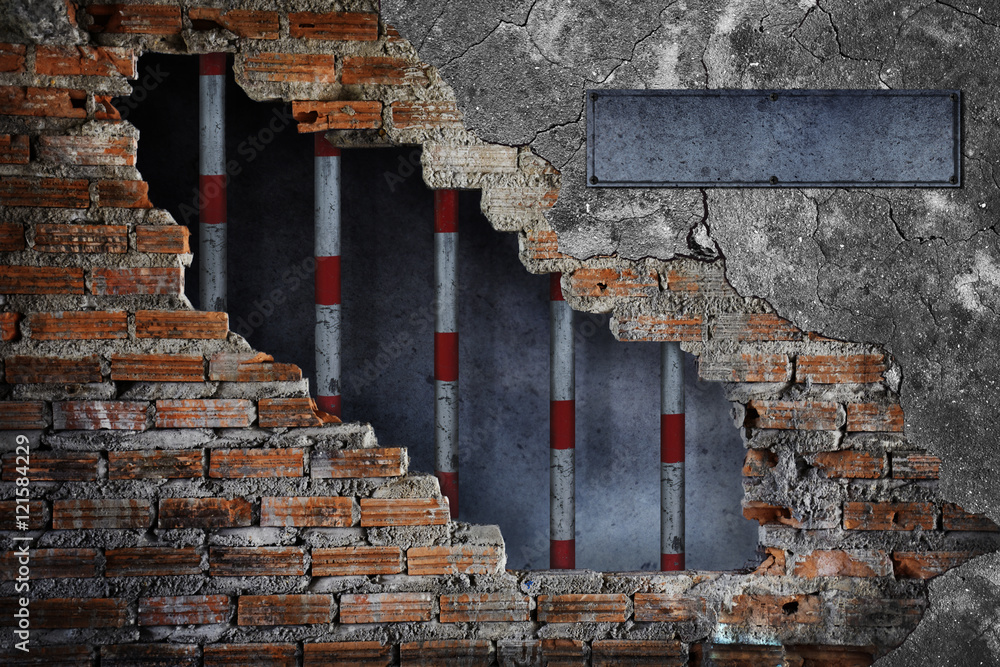 Jail Room or Prison with Gray grunge concrete and Brick Wall, blank ...