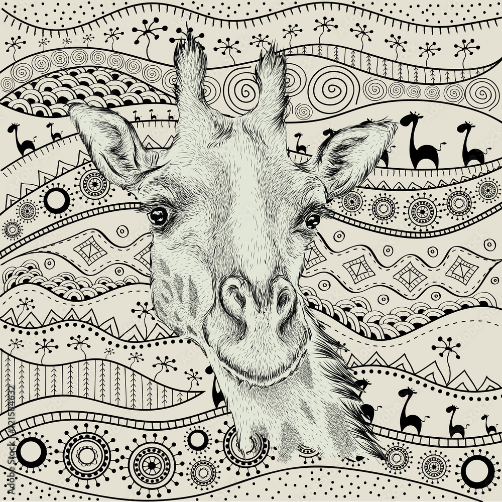 Hand draw giraffe portra on African hand draw ethno pattern, tribal ...