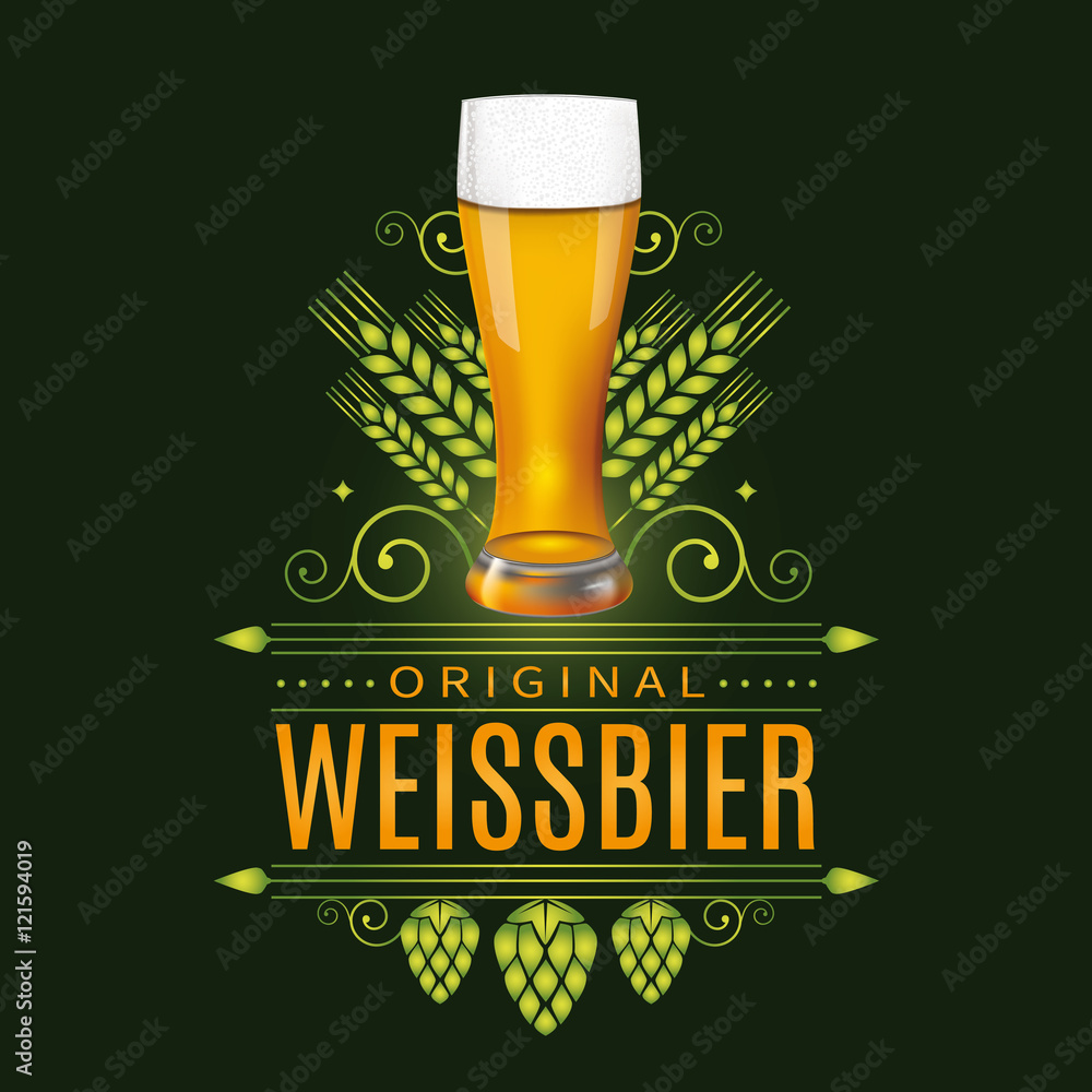 Vintage label design with realistic glass of Weissbier, traditional ...
