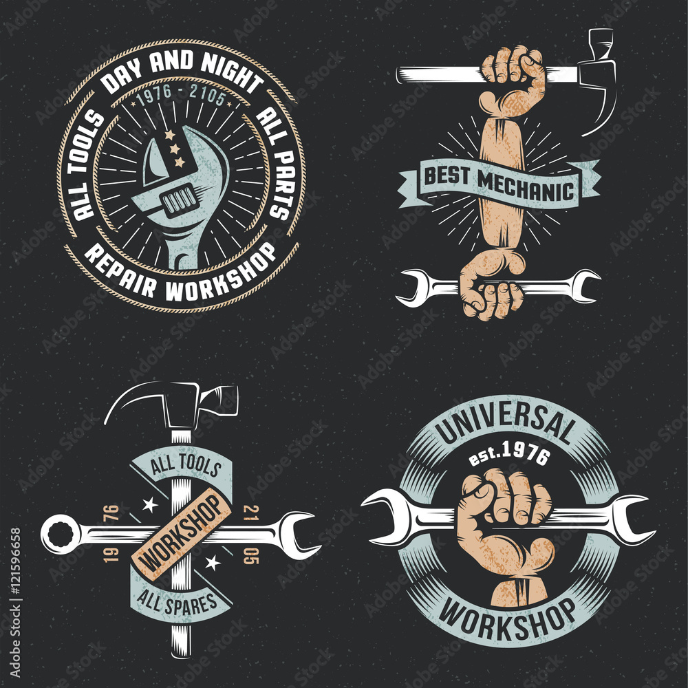 Logo, emblem repair workshop with hands and tools in a vintage, retro ...