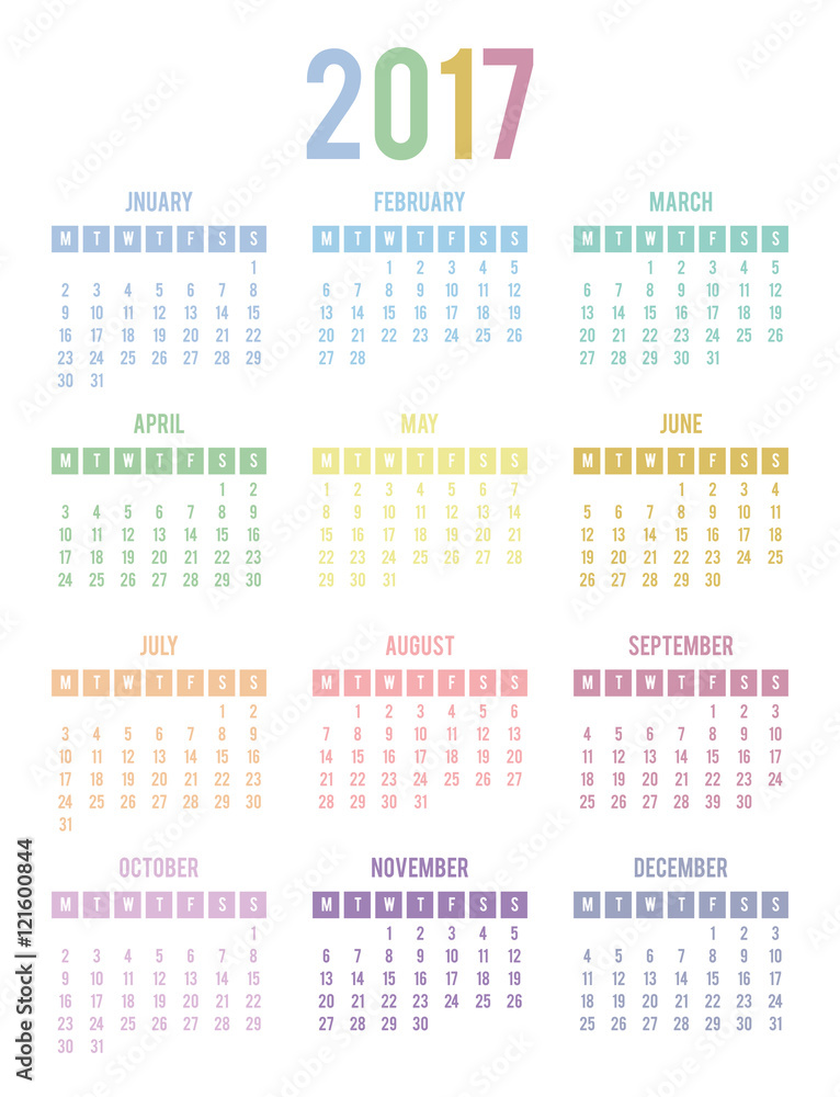 Calendar for 2017. Week Starts Monday. Multicolor vector templat Stock ...