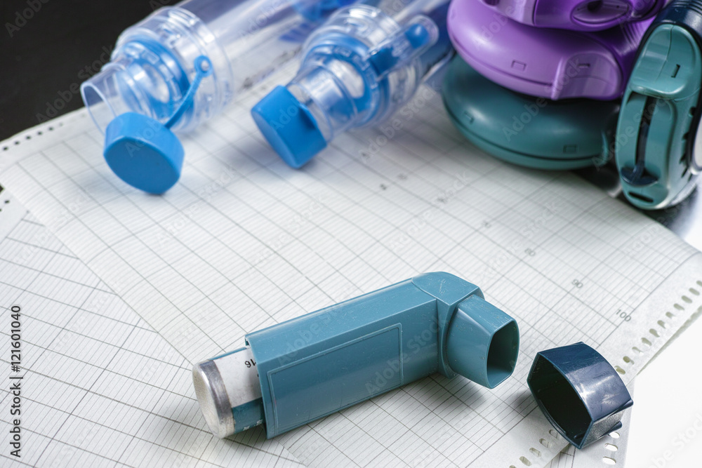 Asthma relief concept, salbutamol inhalers, medication and paper Stock ...