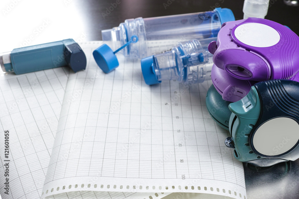 Asthma relief concept, salbutamol inhalers, medication and paper Stock ...