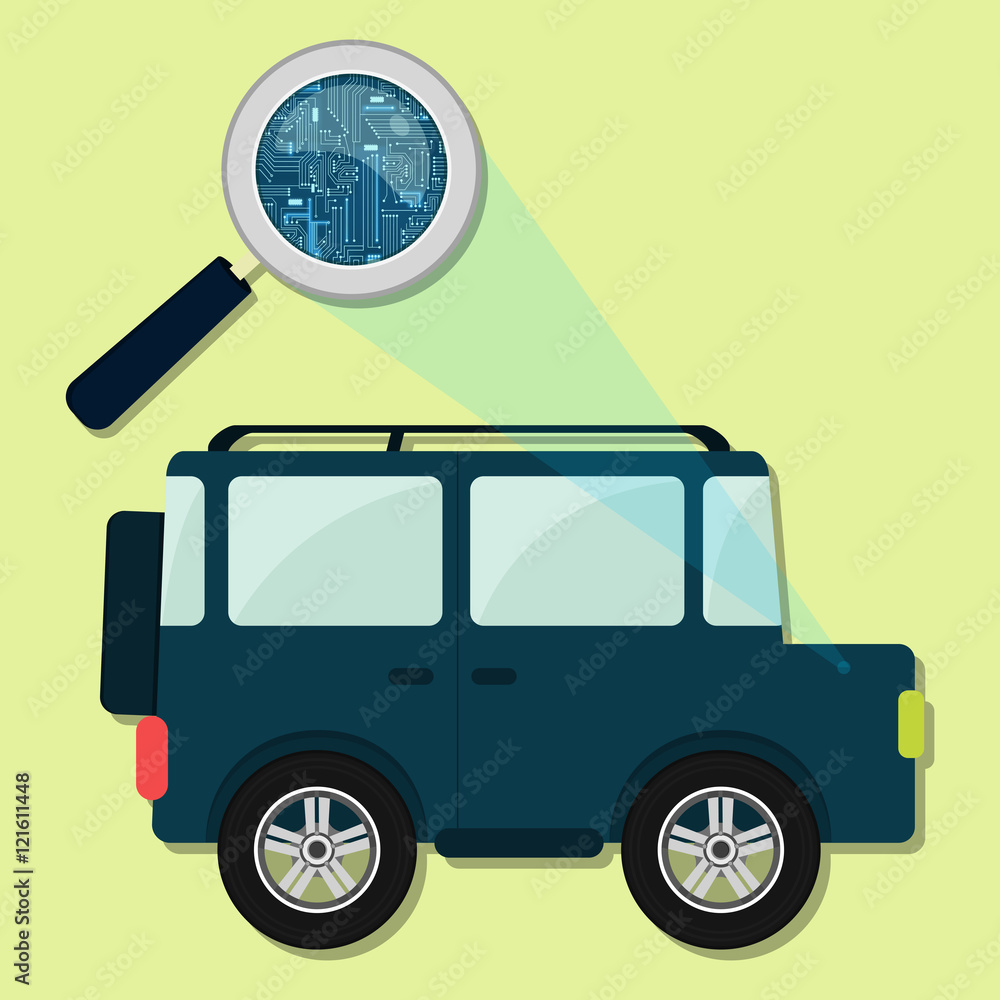 Magnifying glass enlarging electronic circuit of 4x4 car. Concept ...