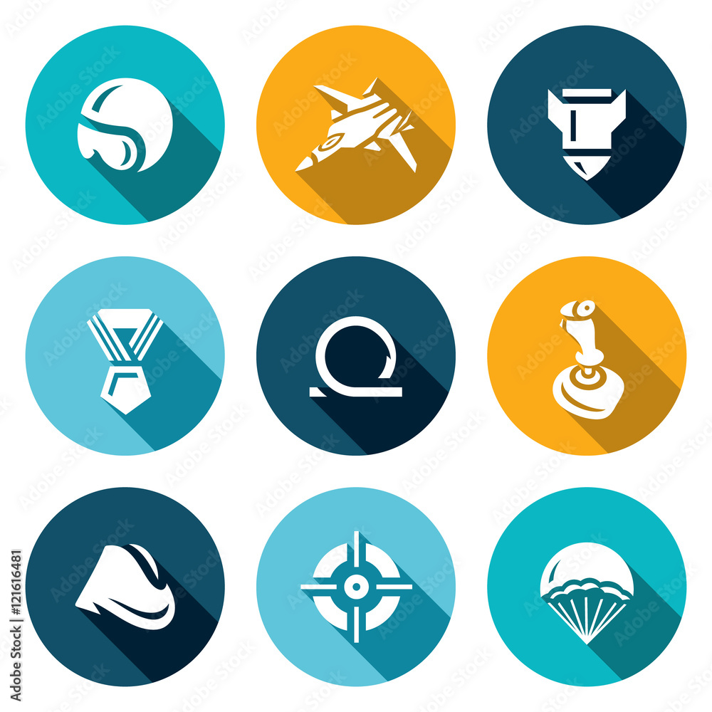 Vector Set of Air Force Icons. Pilot, Fighter, Bomb, Order, Loop ...